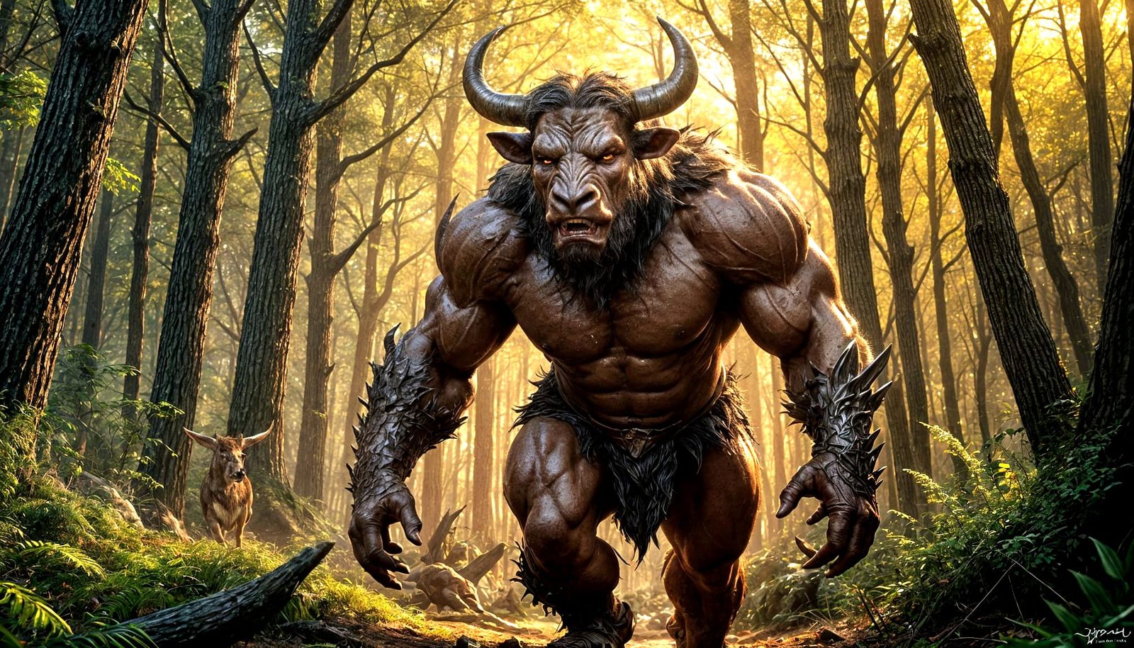 Furious Minotaur in Forest: Hyperrealistic Concept... - AI Art