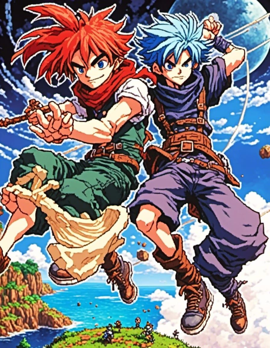 red haired Crono and blue haired Serge clashing against the Chrono 'C ...