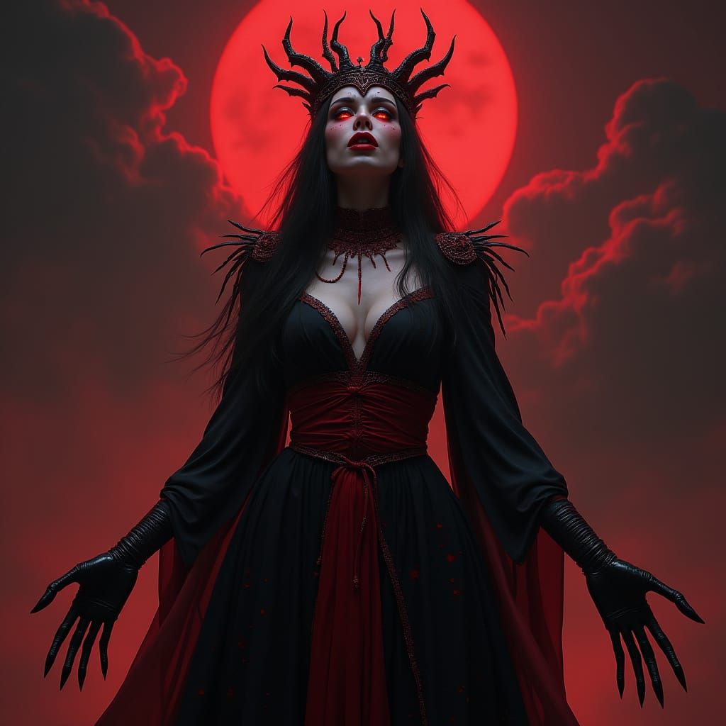 Ethereal Sorceress in Crimson Black Robes, Dark Ma... - AI Art
