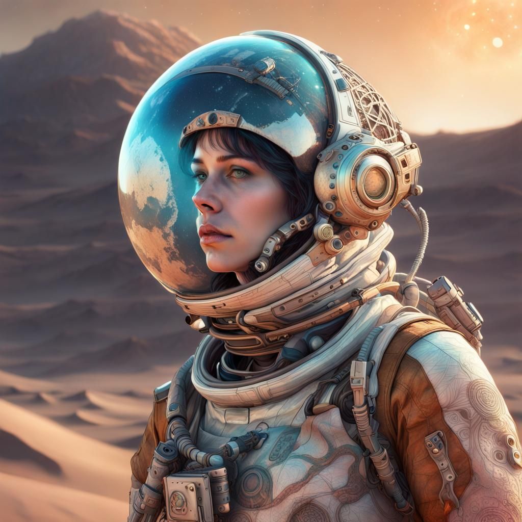 short, brown haired woman in spacesuit, helmet removed, on a desert planet, two moons, tattoos ...