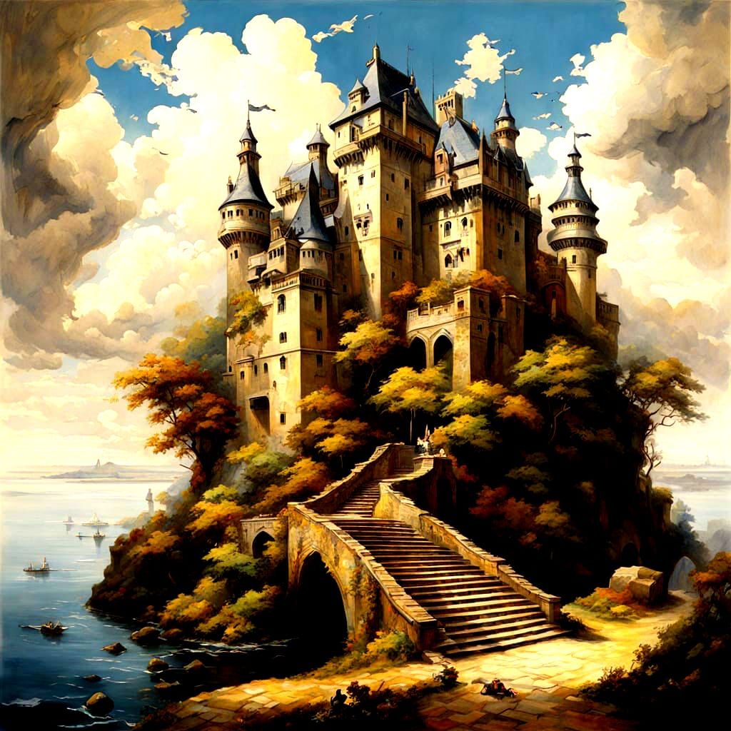 Escher-inspired surreal castle with impossible geometry, staircases ...