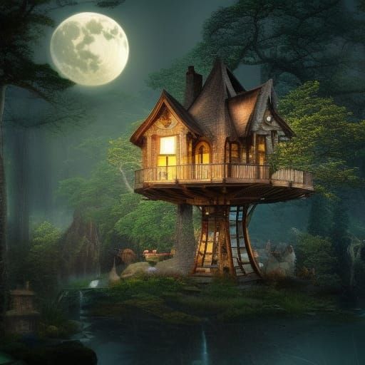 A multi roomed treehouse superimposed over a full Moon - AI Generated ...