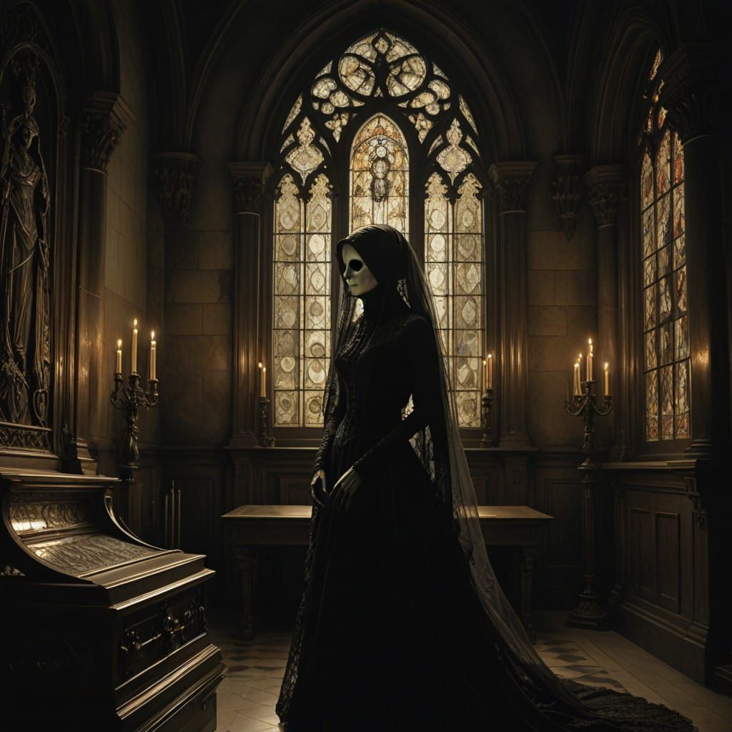 Ethereal Widow Confronts Gothic Mourning in a Haun... - AI Art