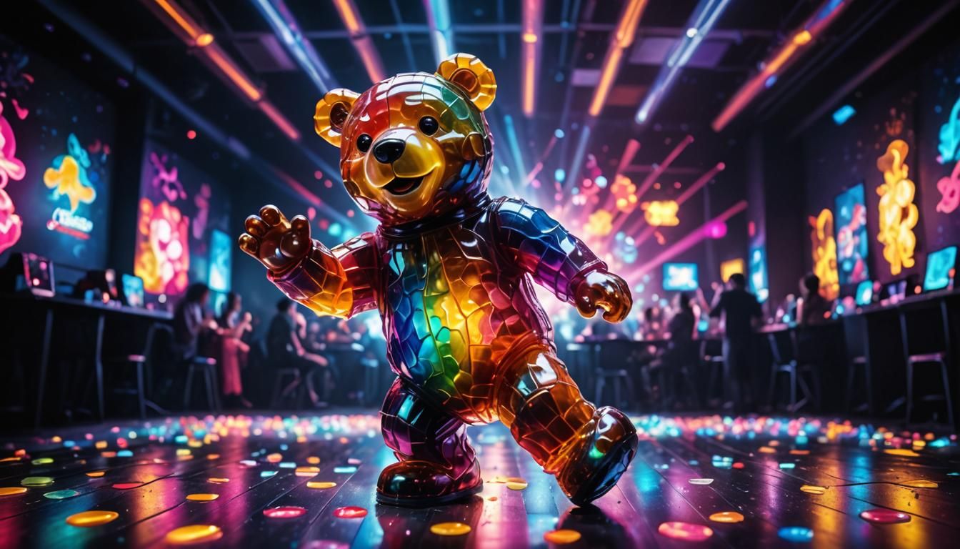 Colourful jelly bear dancing in a night club, lasers, LEDs, captured in ...