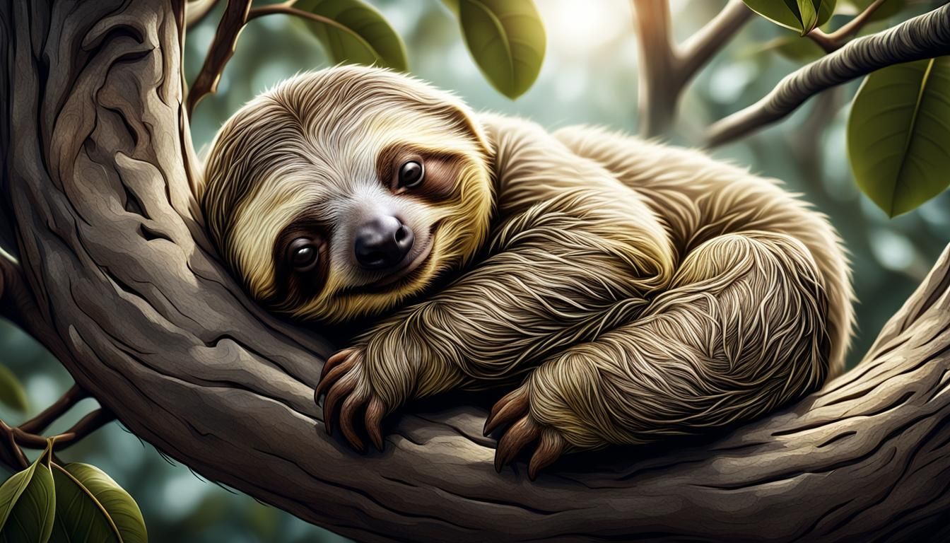 Charming illustration of a cute adorable baby sloth sleeping in a tree ...