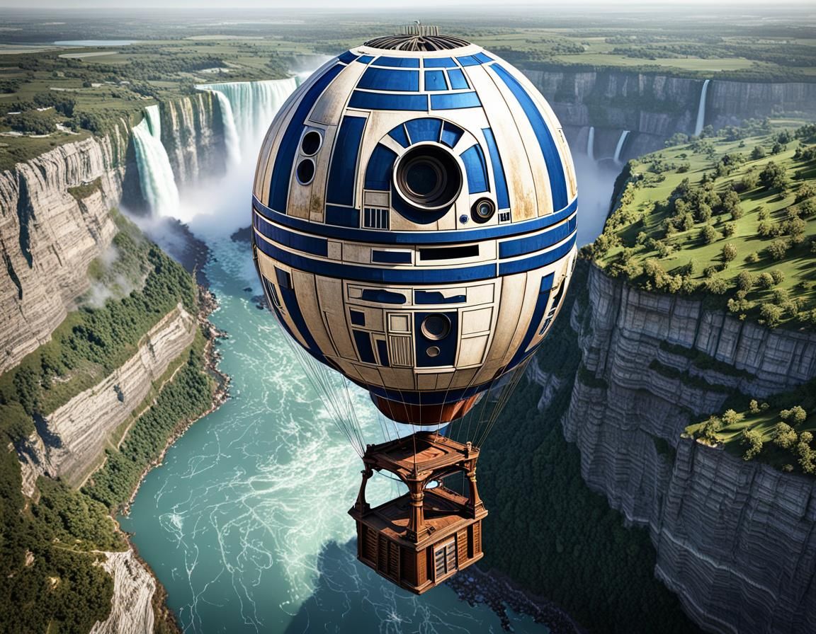 A hot air balloon shaped like R2D2 over Niagara's Fall, Michael Kaluta, Aleksandr Kuskov ...