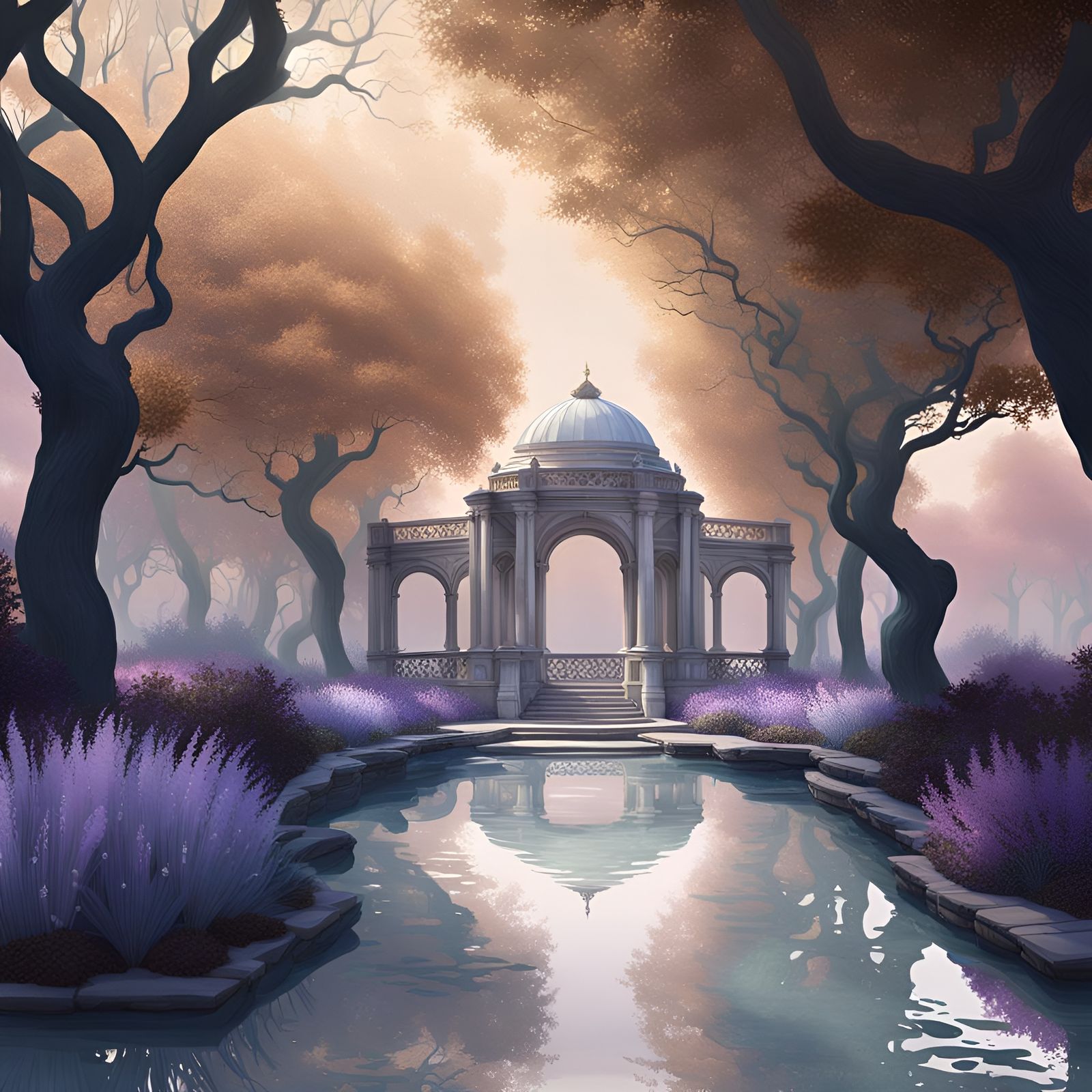 sinuous pathway palladian garden trees leaves follies, water, water ...