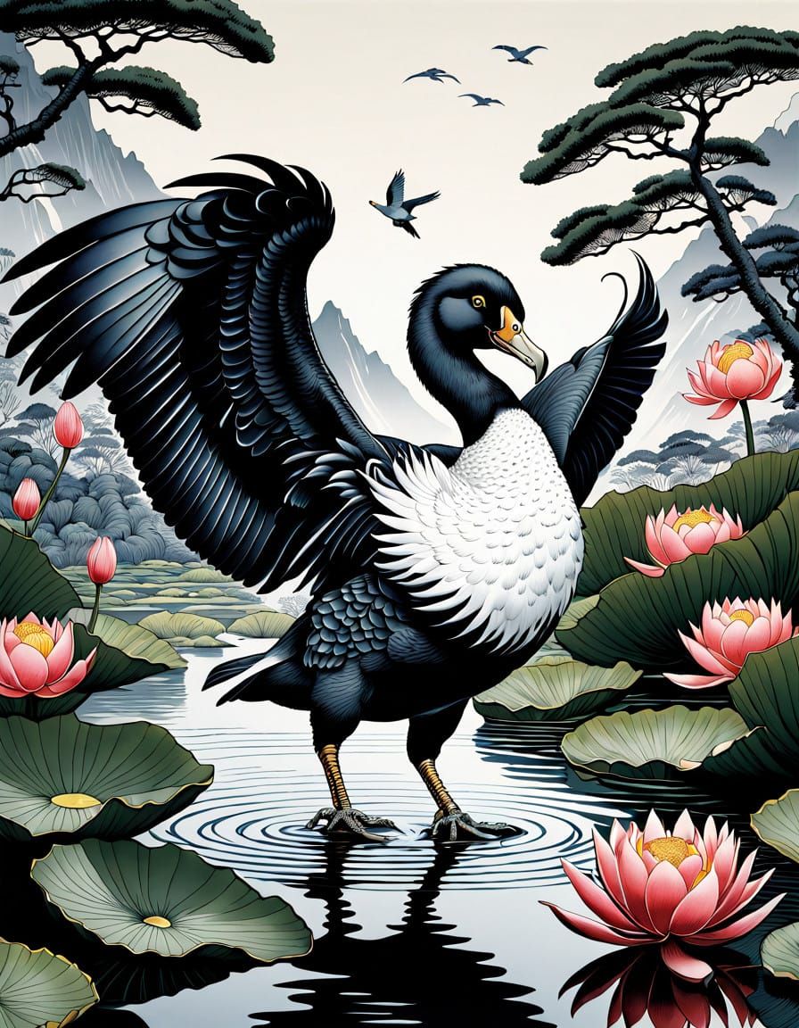 Extinct Creatures - Dodo Birds in Lily Pond: Black and White...