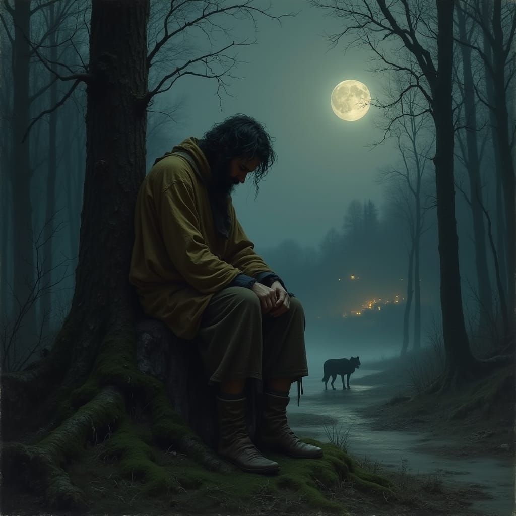 Mourful Shepherd in Dark Forest, Beset by Fear and... - AI Art
