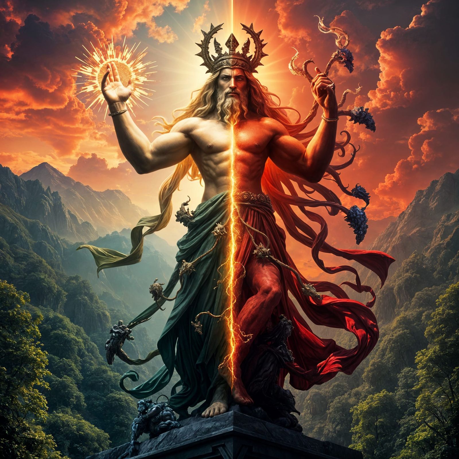 Godlike Figure in Vibrant Mythological Harmony - AI Art