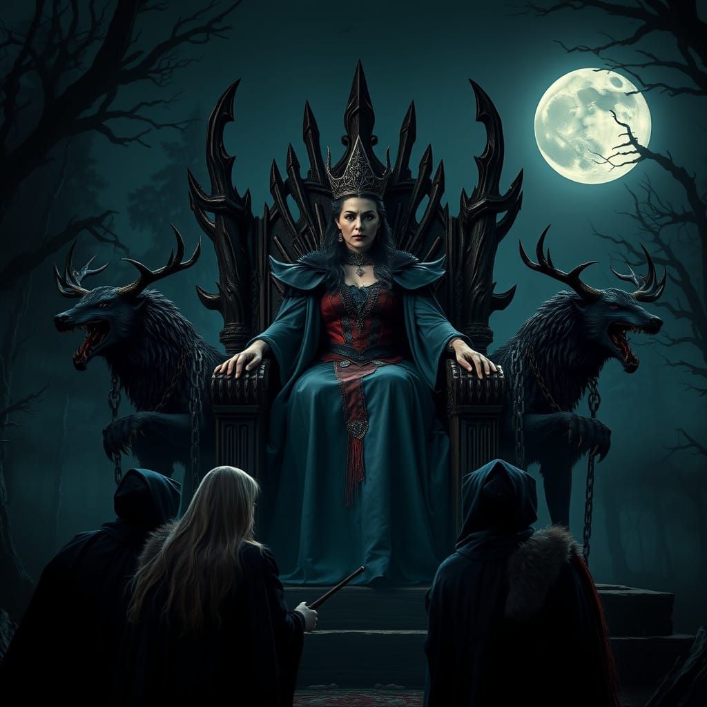 A powerful queen of witches, seated on a throne of dark, antlered wood ...