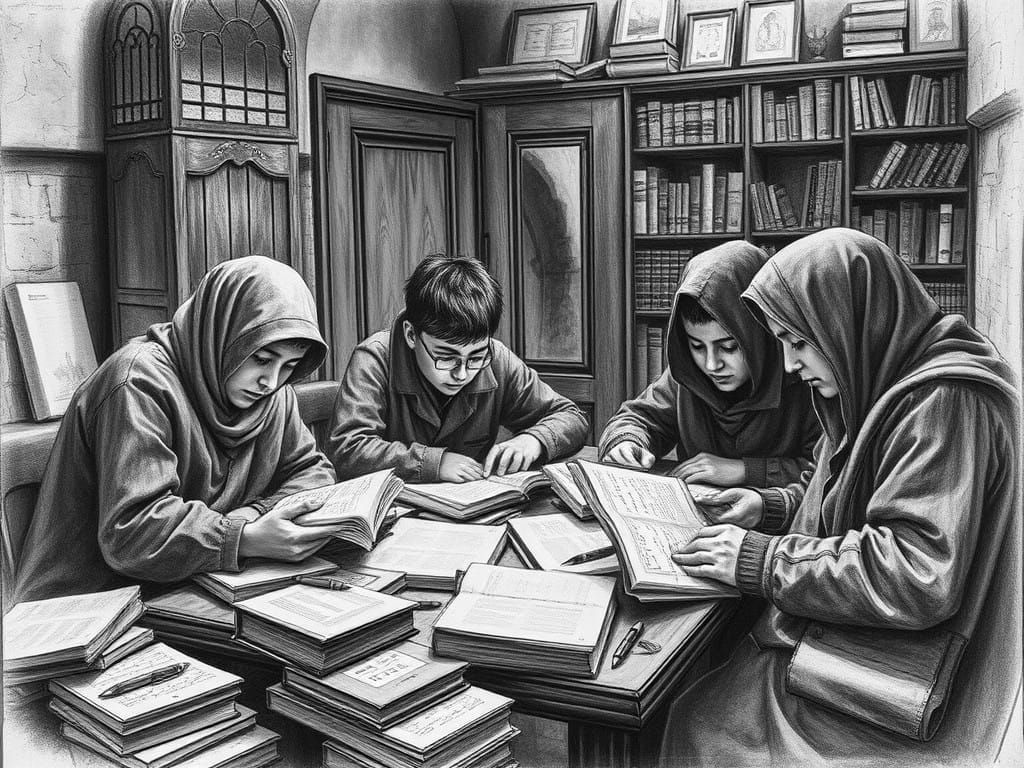 Students in Traditional Middle Eastern Library, Ch... - AI Art