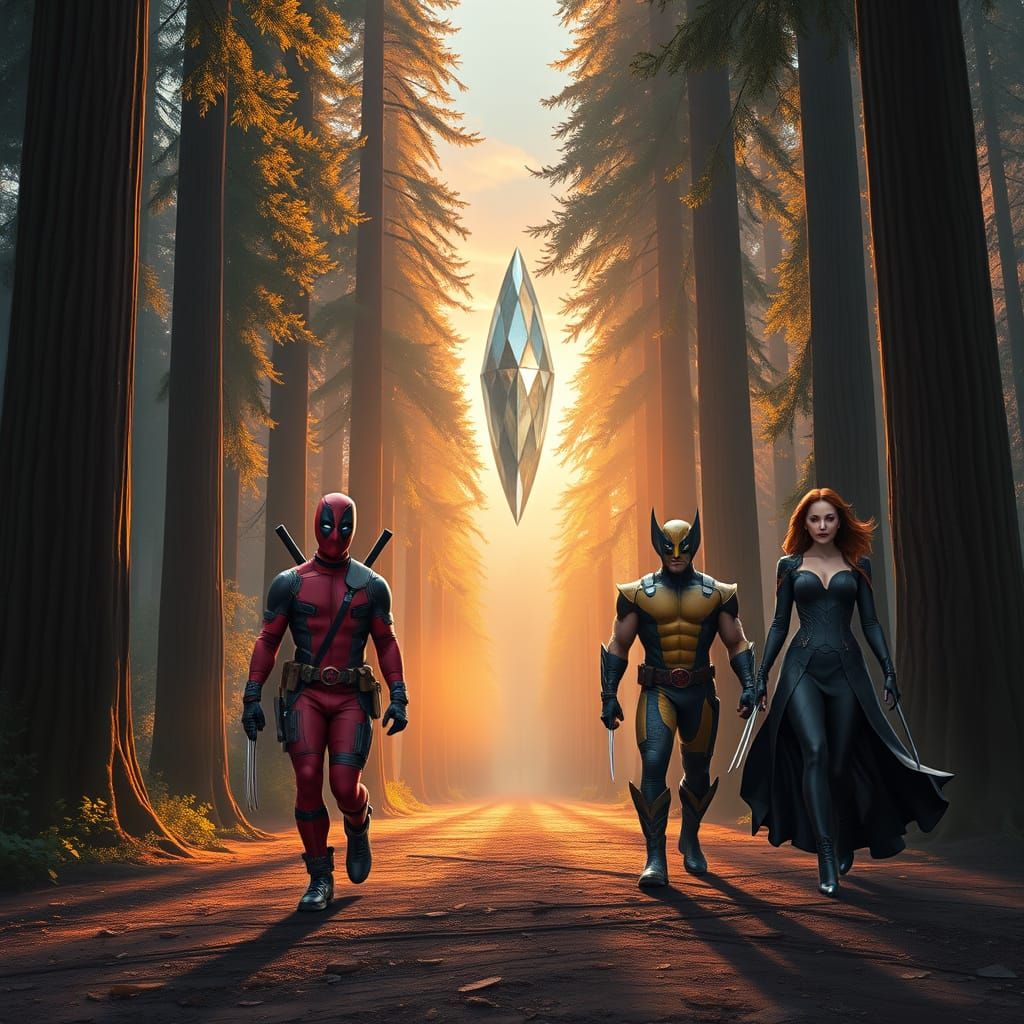 Deadpool and the Avengers in Majestic Redwood Fore... - AI Art