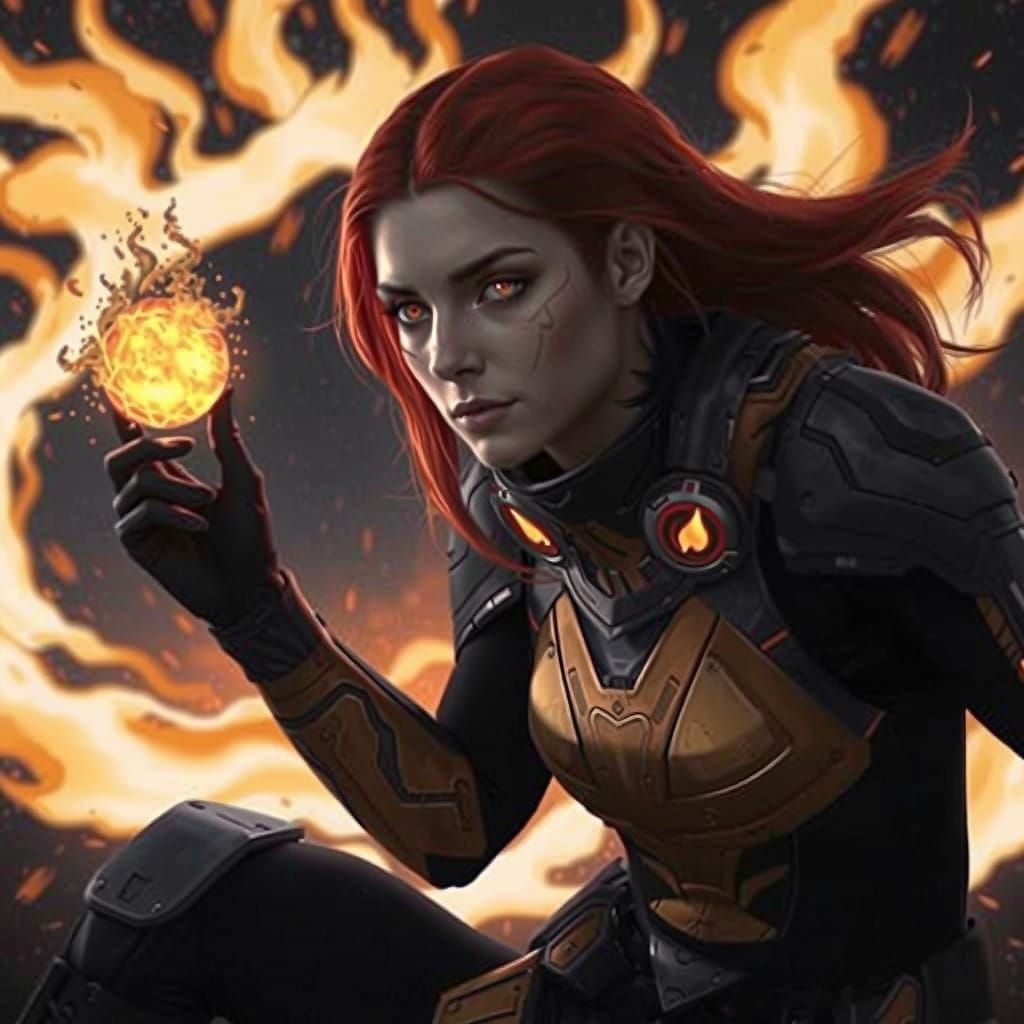 Sleek Pyromancer Superhero with Fiery Hair and Sui... - AI Art