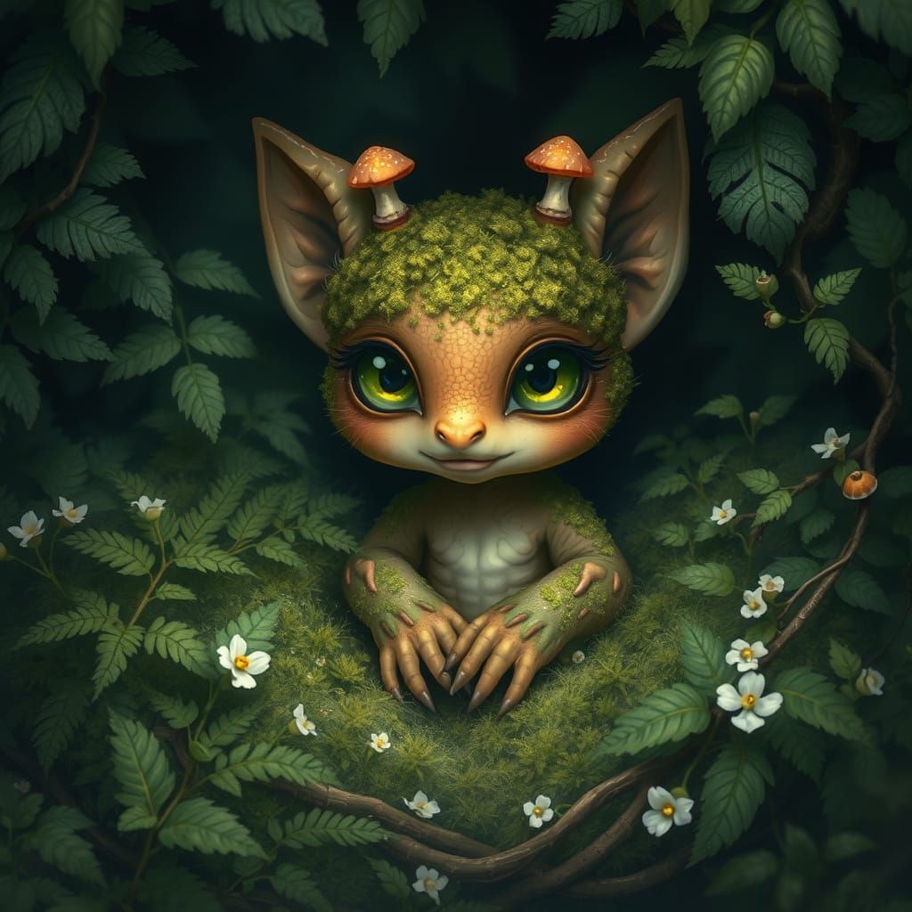 Image is a fantasy-style digital artwork featuring a small, mythical ...