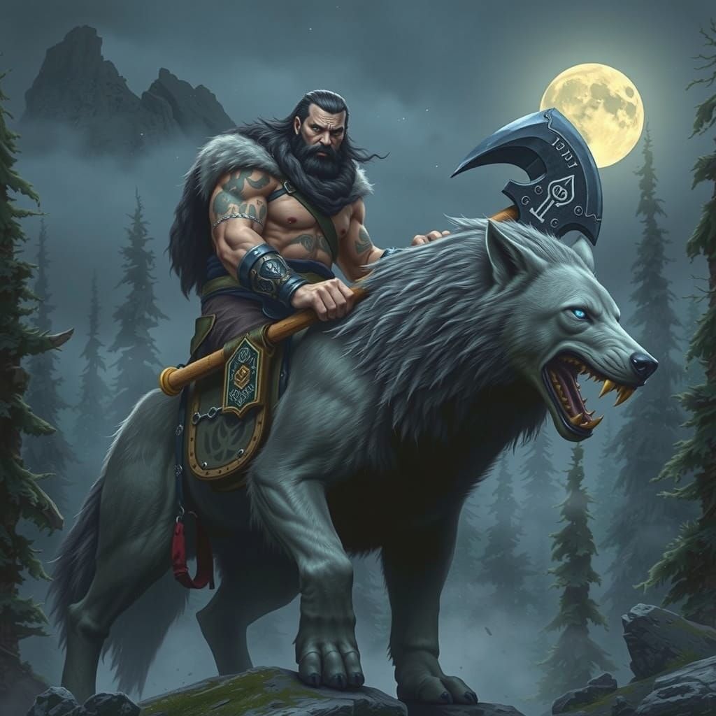 Mystical Goliath Barbarian Rides Dire Wolf Through... - AI Art
