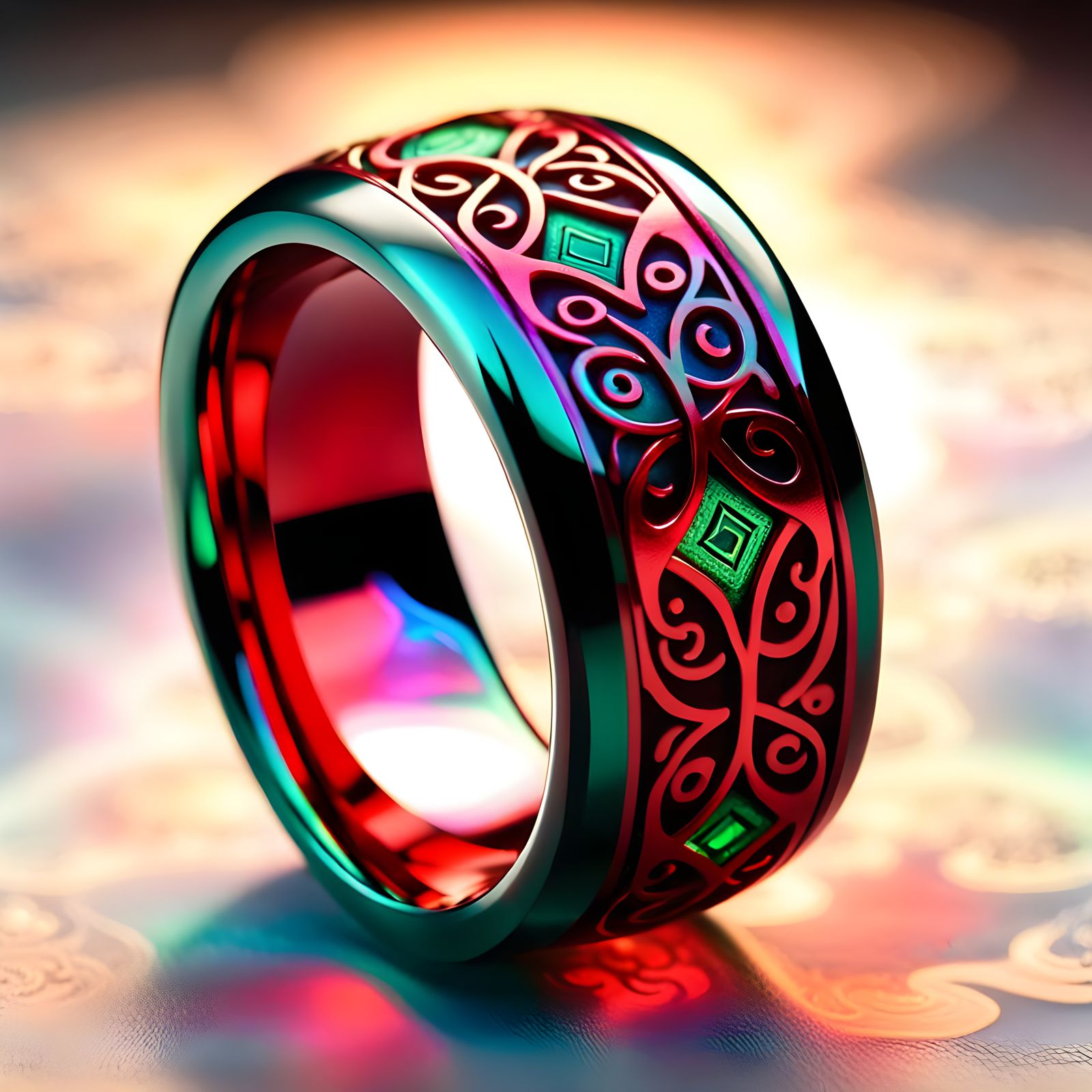 Celtic Wedding Band - Ruby Red and Emerald Green Celtic Ring...