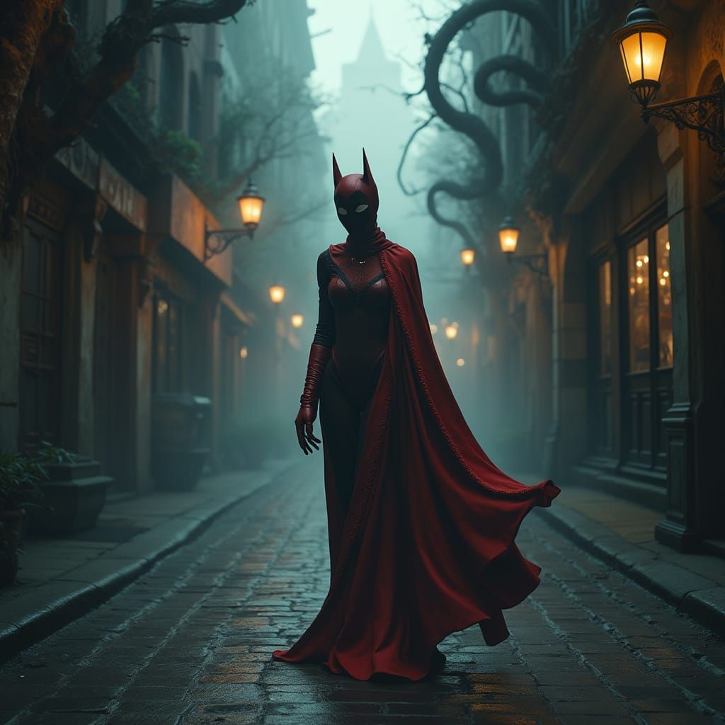 Elegant Crimson Hand Walks Gotham's Misty Alleys - AI Art