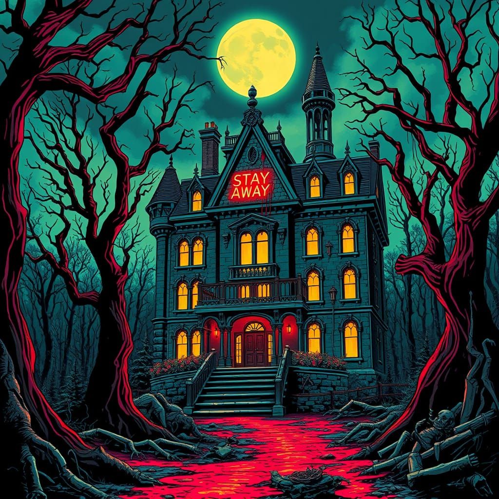 Stay away - Creepy Abandoned Mansion in Neon Horror Style