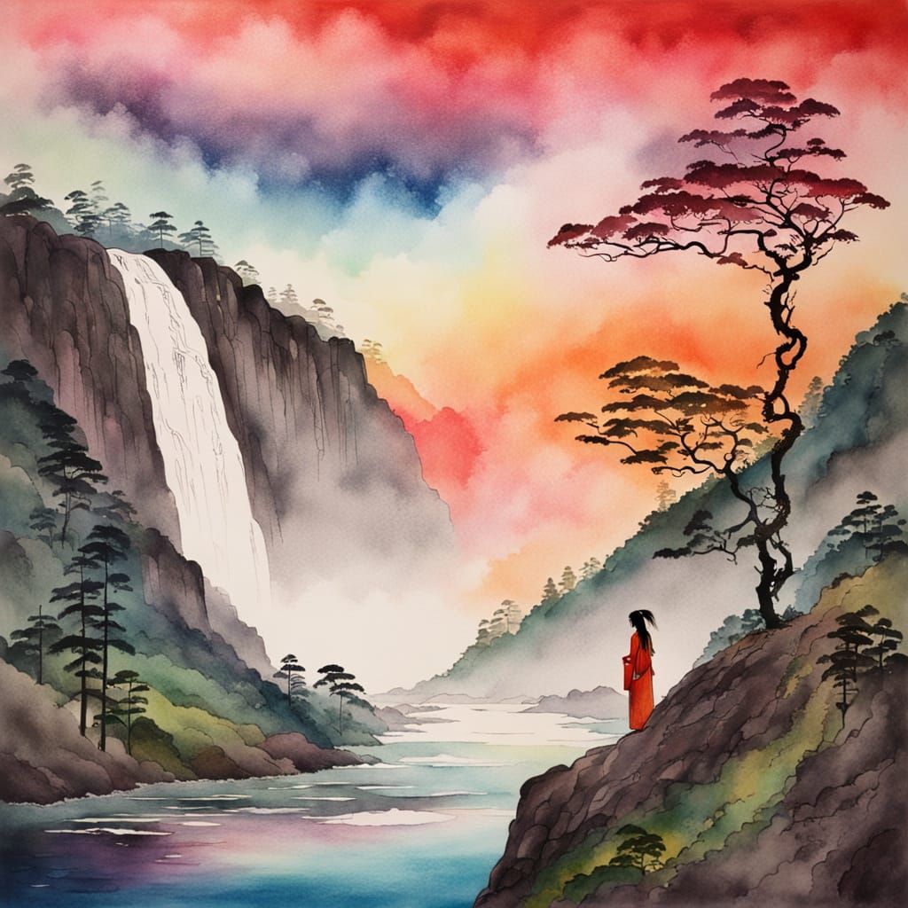looking at a waterfall - Ethereal Japanese Lady Contemplat...