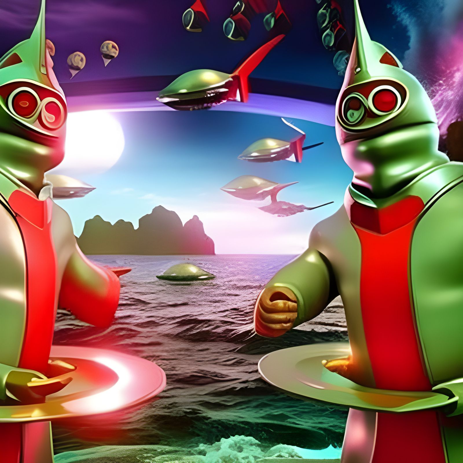 flying saucers descend into the depths of the sea where the fish marvel ...