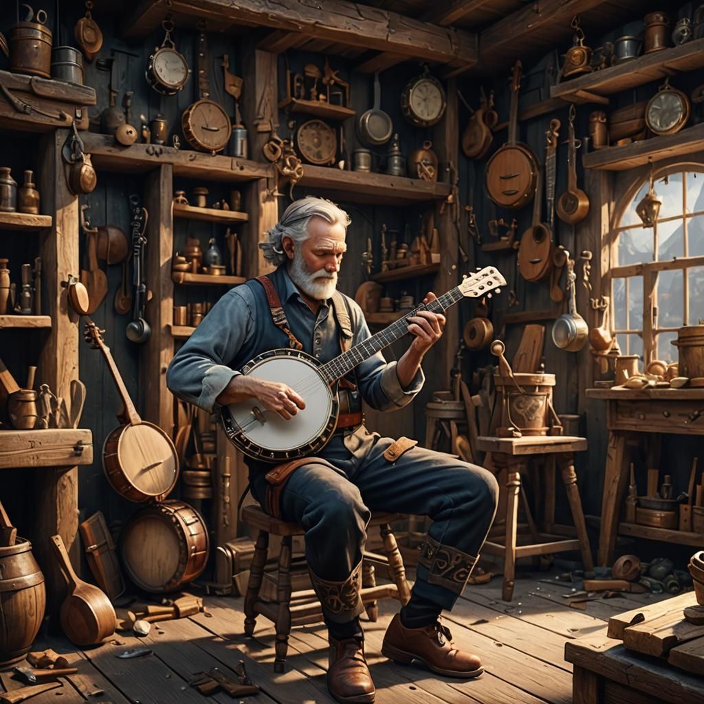 carpenter playing banjo in his workshop - AI Generated Artwork ...