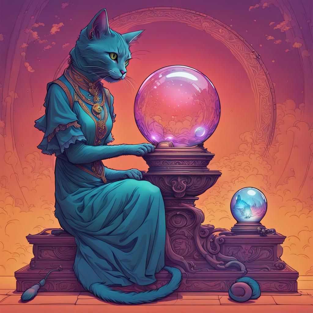 A cat enchantress using a crystal ball to foresee feline futures ...