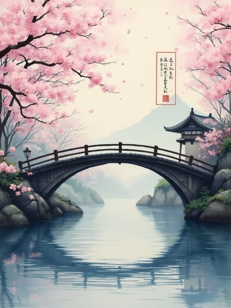 Surreal Japanese Waterside Scene in Soft Pastel Hu... - AI Art