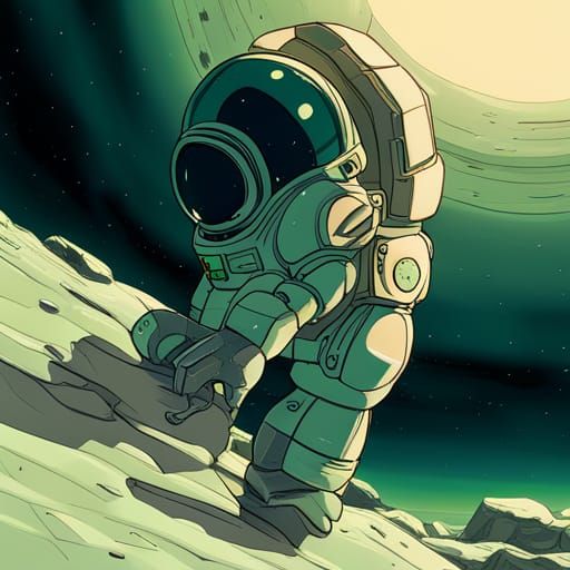 astronauta corpo inteiro vista lateral trabalhando em um asteroide 2 cores verde e preto 2 bit ...