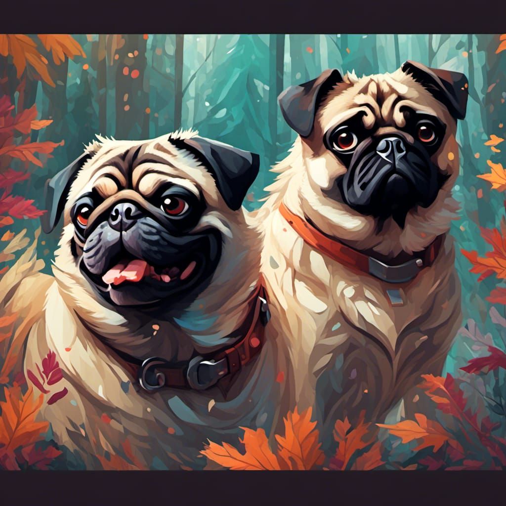 Autumn Portrait of 2 pugs - AI Generated Artwork - NightCafe Creator