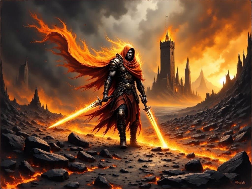 Elemental Sword: A battle-hardened fire mage stands resolute, wielding ...