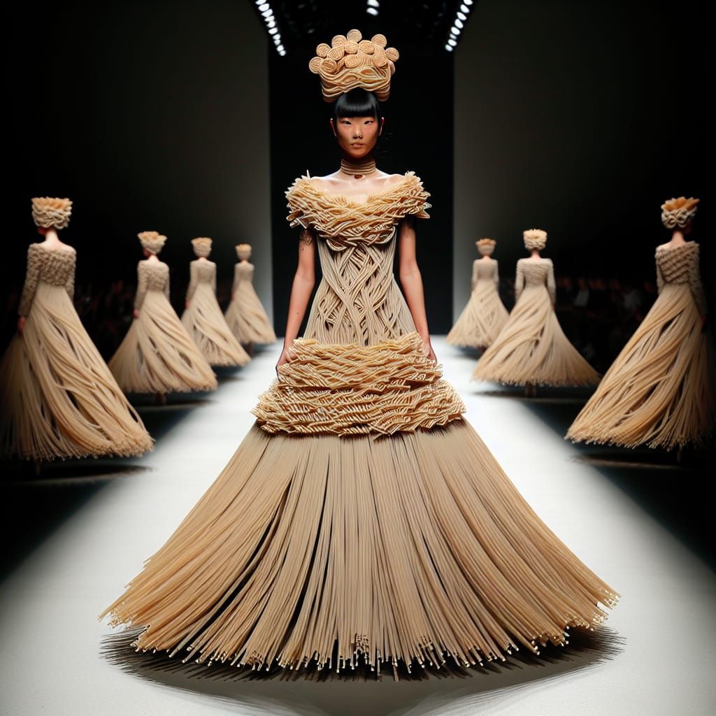 fashion show, a model presents a pasta dress, she wears a biscuit hat ...