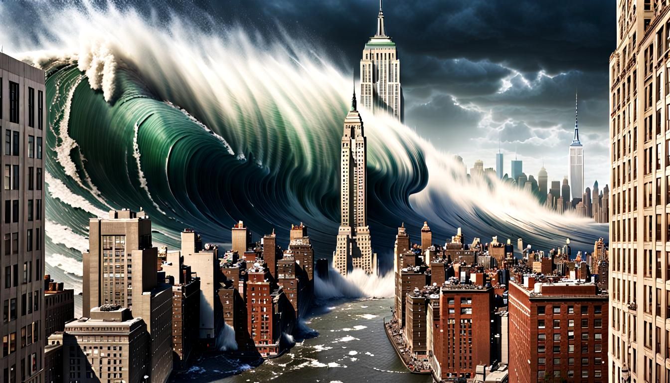 Tidal wave hammering a city. (And more tidal waves are expected to ...