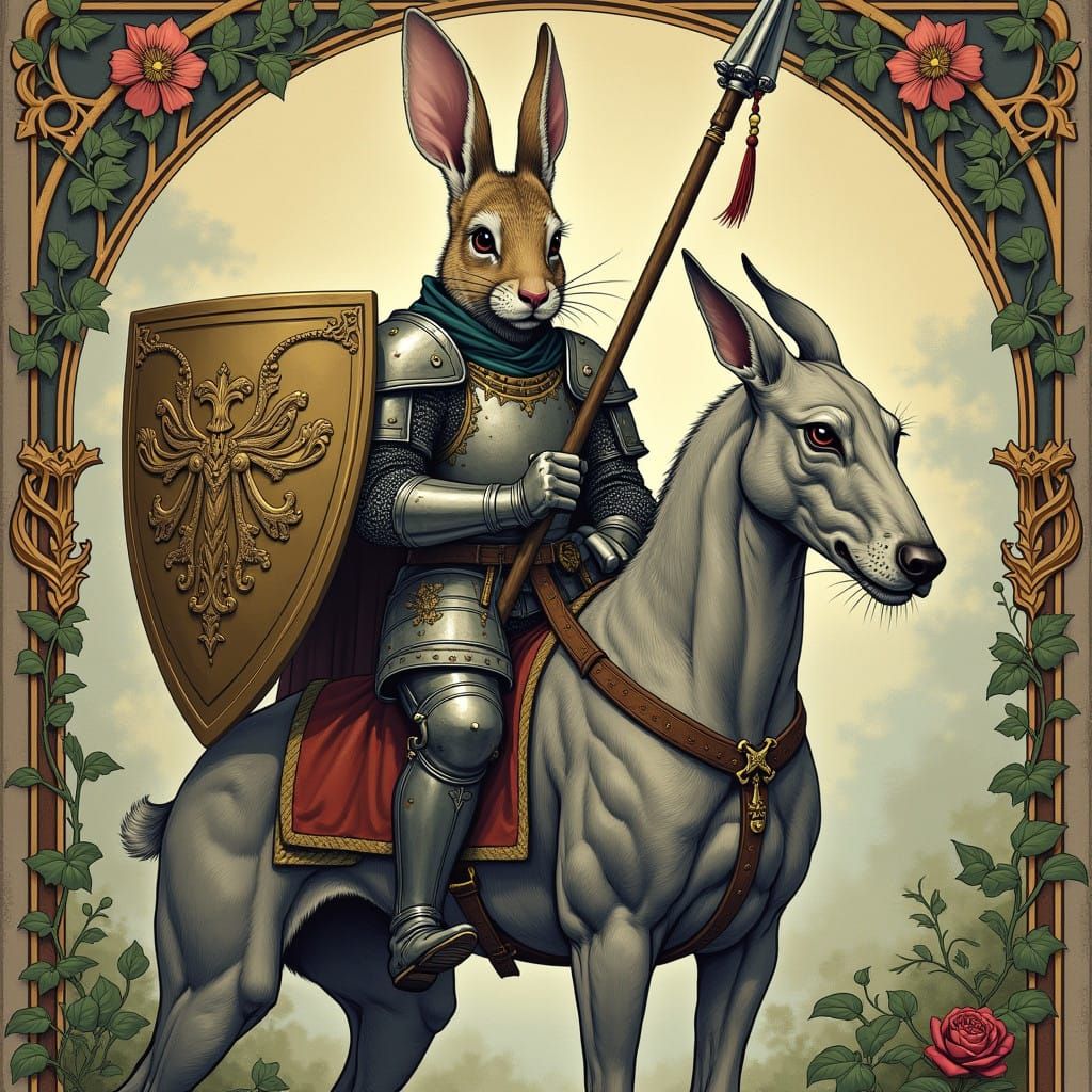 Rabbit with medieval shield and lance, riding a greyhound dog in the ...