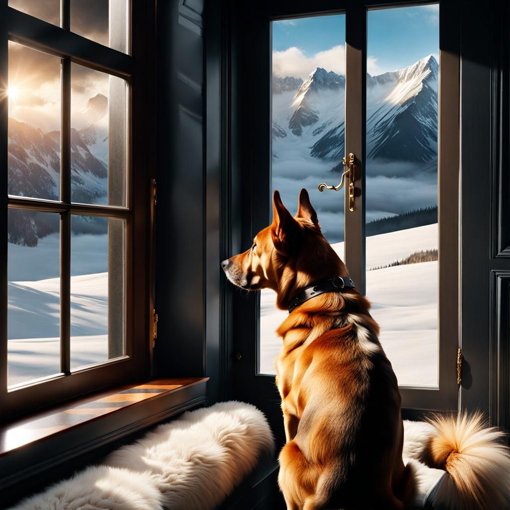 3/4 rear view of a dog sadly staring out of window waiting for its ...