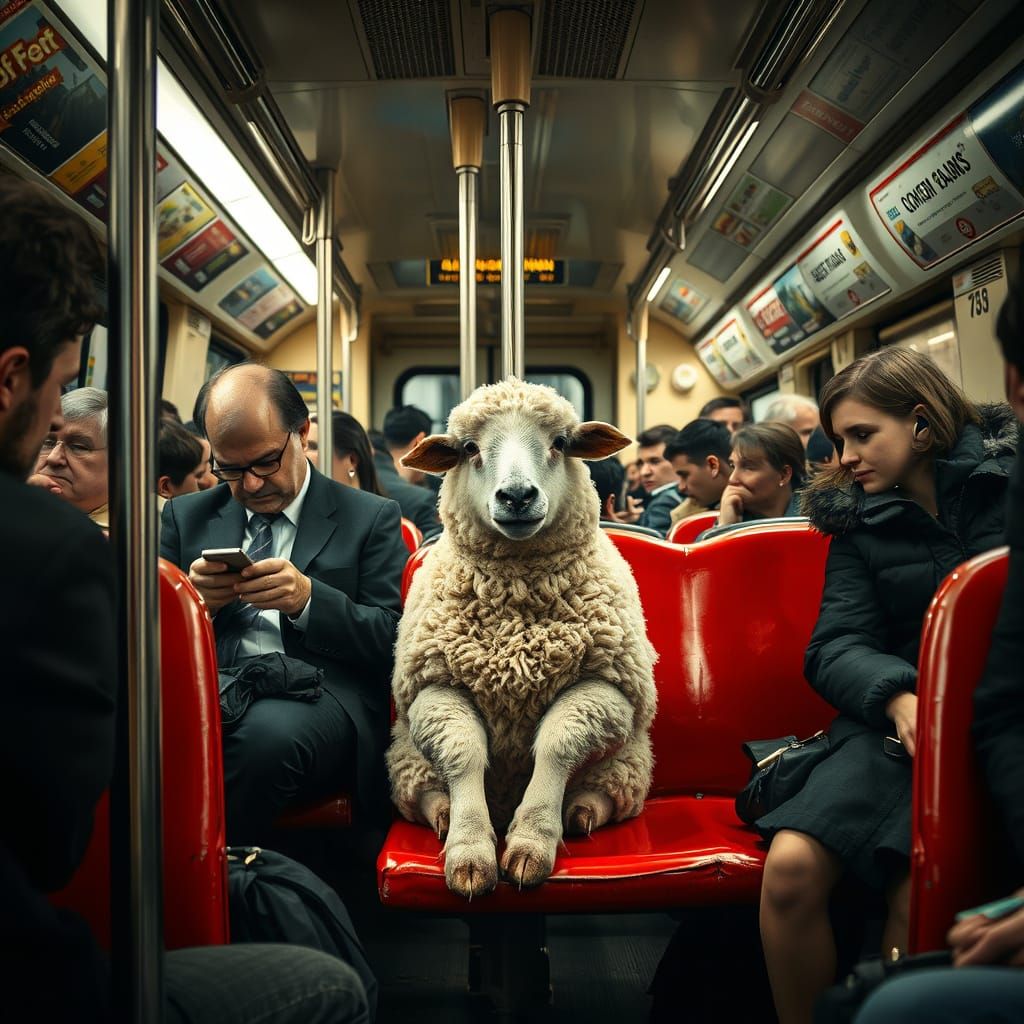 a busy tube train in London. A random sheep sits on a seat between the ...