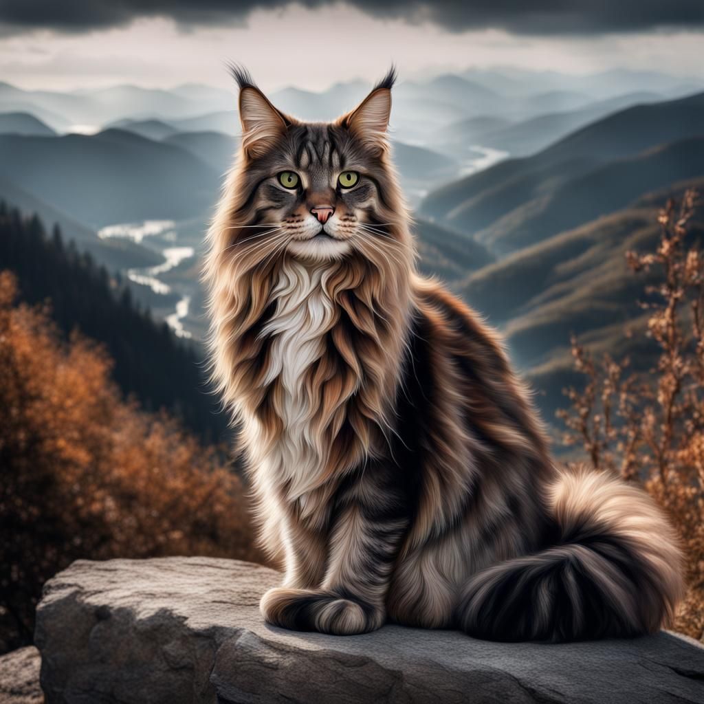 Mainecoon cat on the mountain - AI Generated Artwork - NightCafe Creator