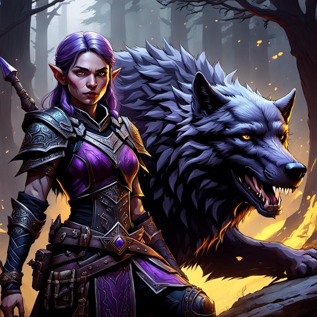 A female wild elf ranger with a large black dire wolf - AI Generated ...