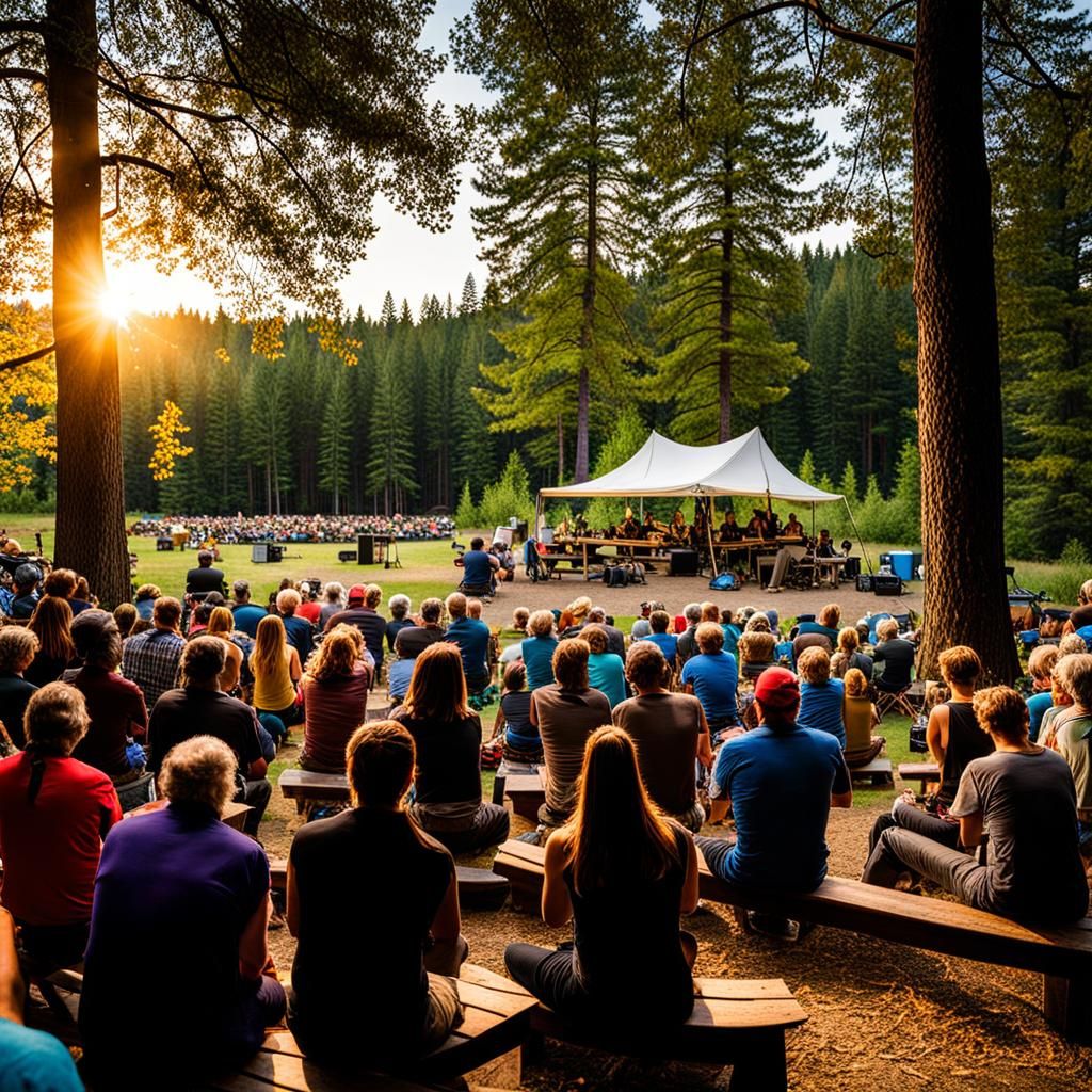Concert at a campground. Many people singing, playing instruments, and ...