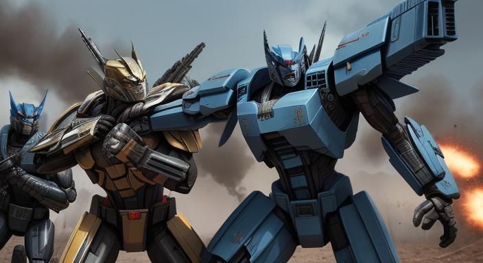 realistic cinematic, Transformers factions armies fighting Humans on a ...