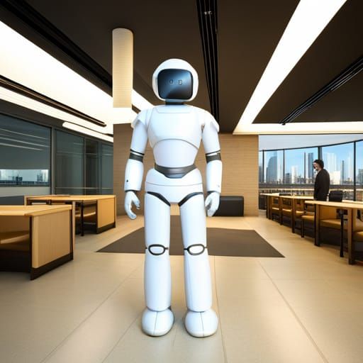 Asimo the robot with a sign that says "SUSHI":: in corporate cafeteria ...