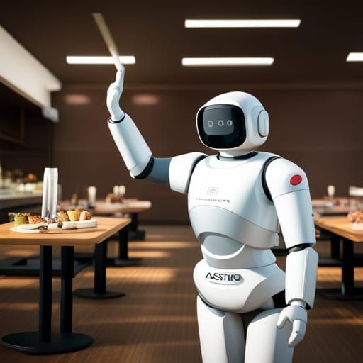 Asimo the robot with a sign that says "SUSHI":: in corporate cafeteria ...