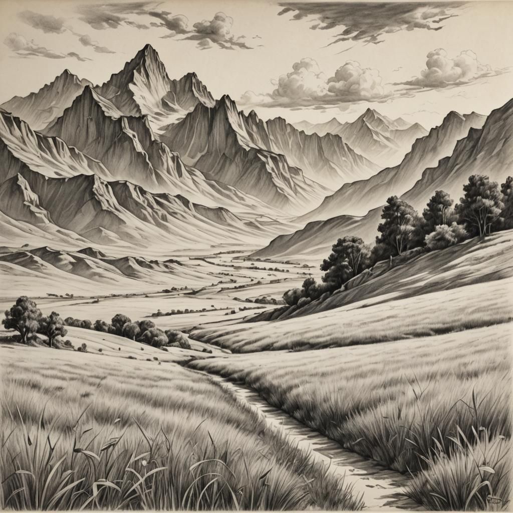 great grass plains with in the with mountains pencil sketch angelic ...
