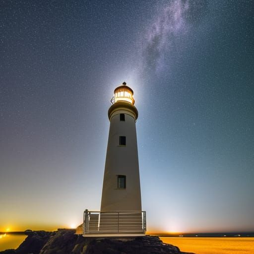 ultrarealistic stunning view of a lighthouse and a sky full of stars, infinity, Professional ...