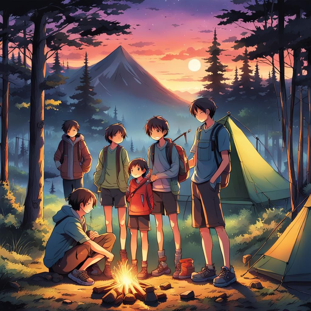 happy family camping at dawn, masterpiece, best quality, Manga Scan ...
