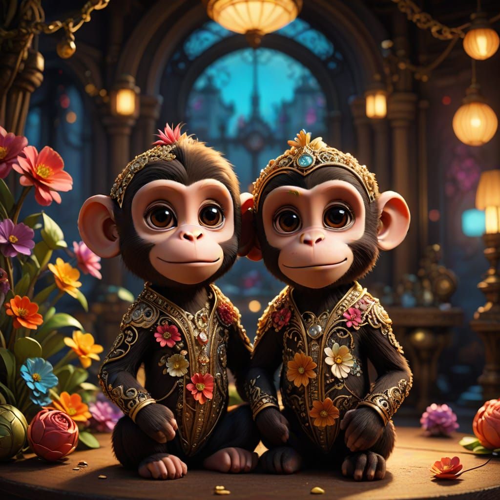 monkey couple in a whimsical Disney-inspired wedding scene. The bride ...