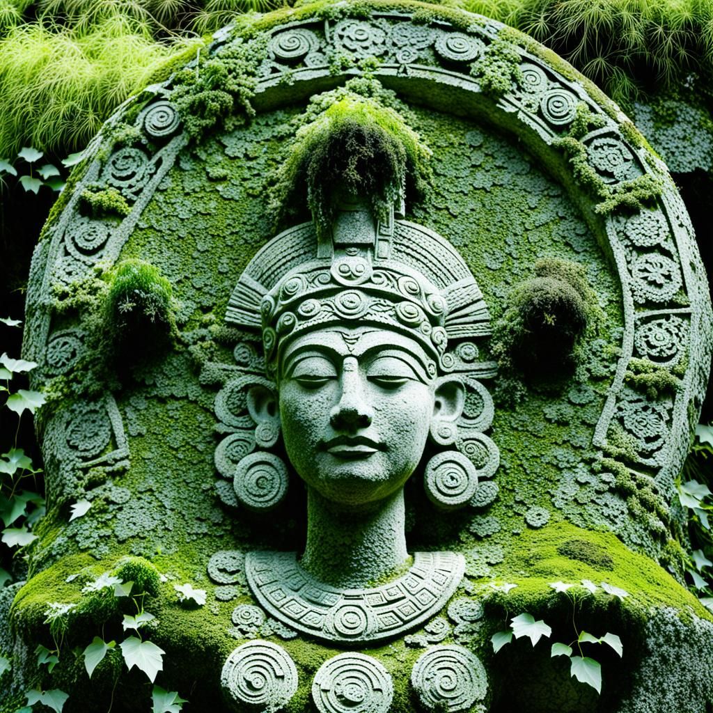 Ancient statue of an aztec moon goddess in stone covered with moss and ...