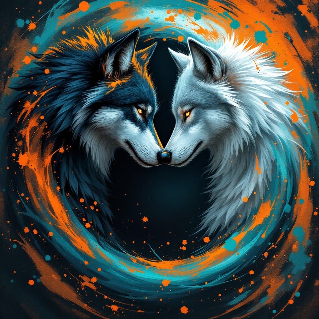 Two majestic wolves, symbolizing yin and yang, are captured in an ...