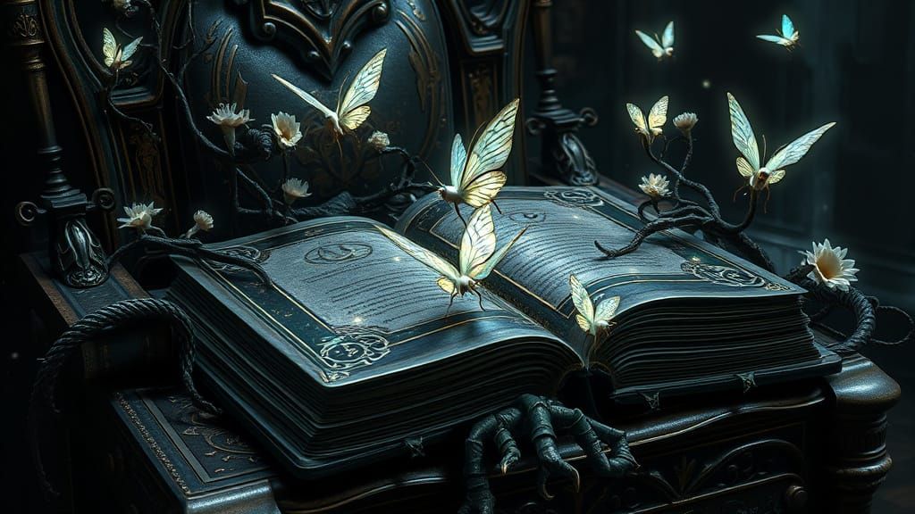 Ethereal Book of Dark Magic on Abandoned Throne - AI Art