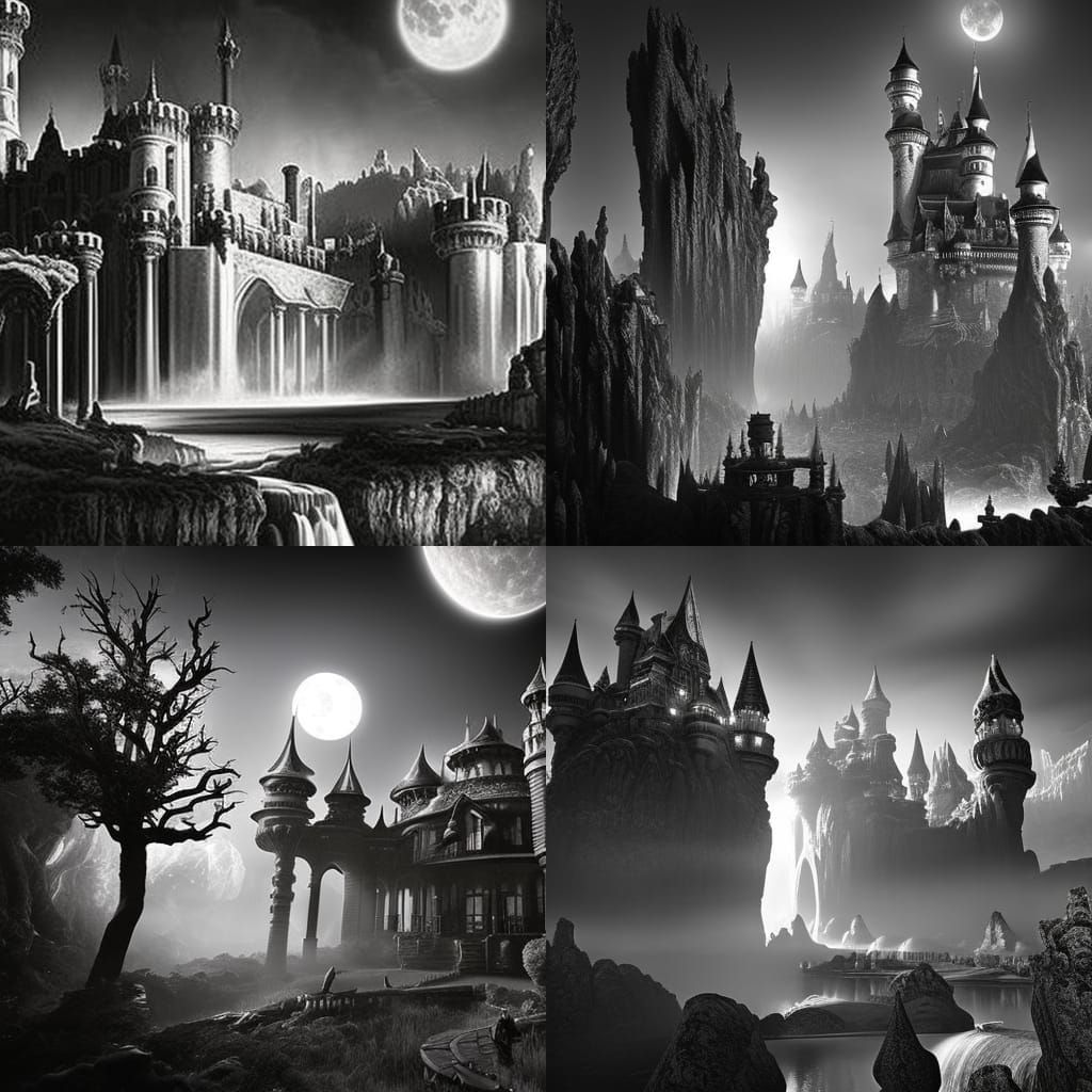 path view of a fantastical landscape with a haunted castle in the ...